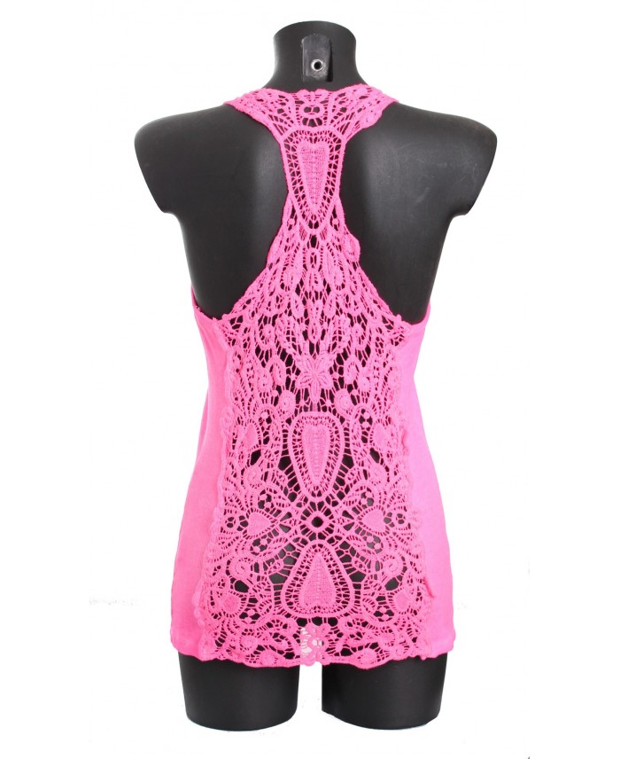 TOP DOS GUIPURE ROSE FLUO 2103 - www.grossiste-pret-a-porter.com